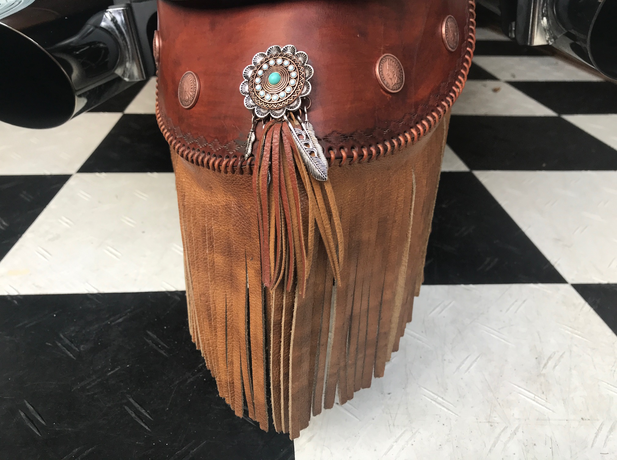 rear flap w:pennies and concho - Native American Motorcycle